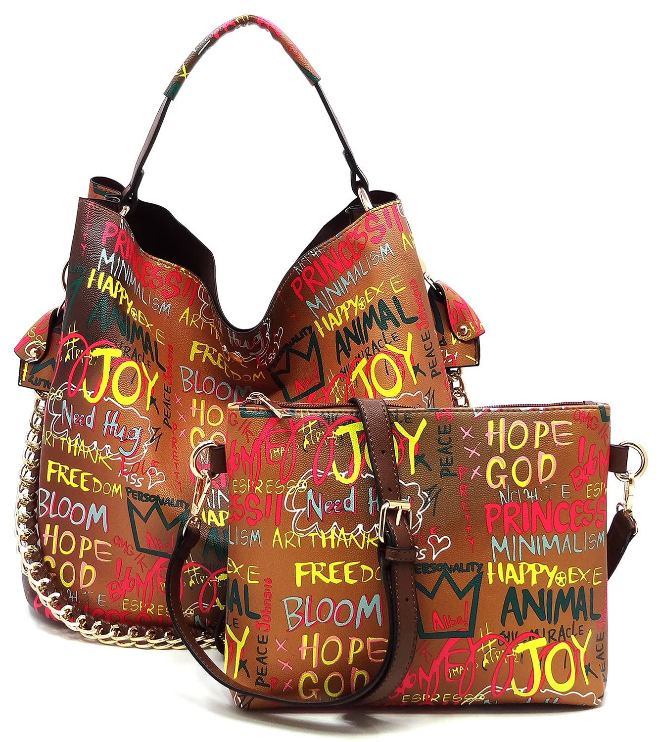 2pcs Set Multicolor Graffiti Printed Bucket Chian Strap Hobo Shoulder Bag & Crossbody Bag 2-in-1 Set Bag (Tan/Yellow)