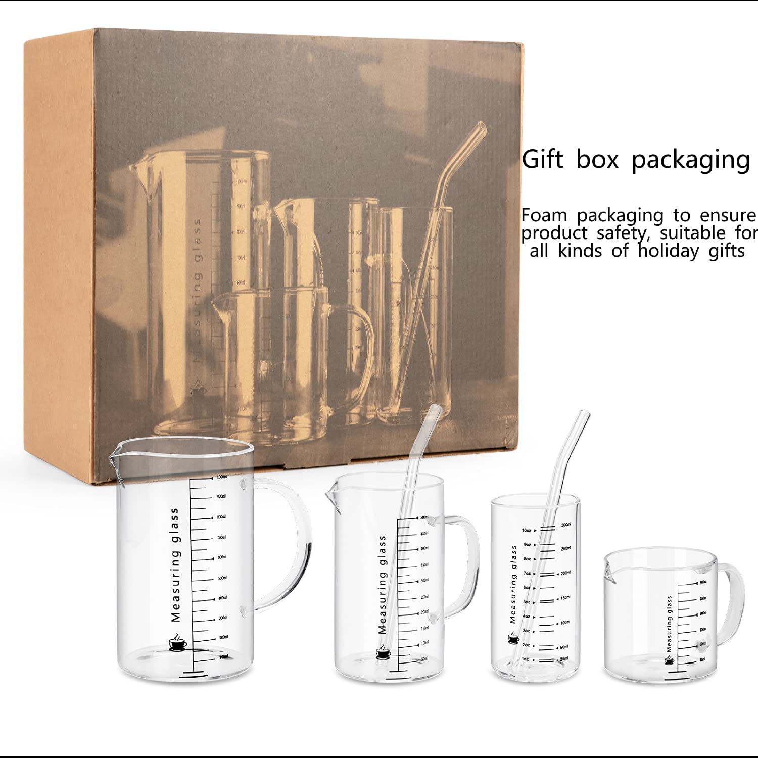 Lab Measuring Glass Beaker Set - Borosilicate Glass Beaker with Handle and gate,4 beakers and 2 Glass Straws, High and Low-Temperature Resistance
