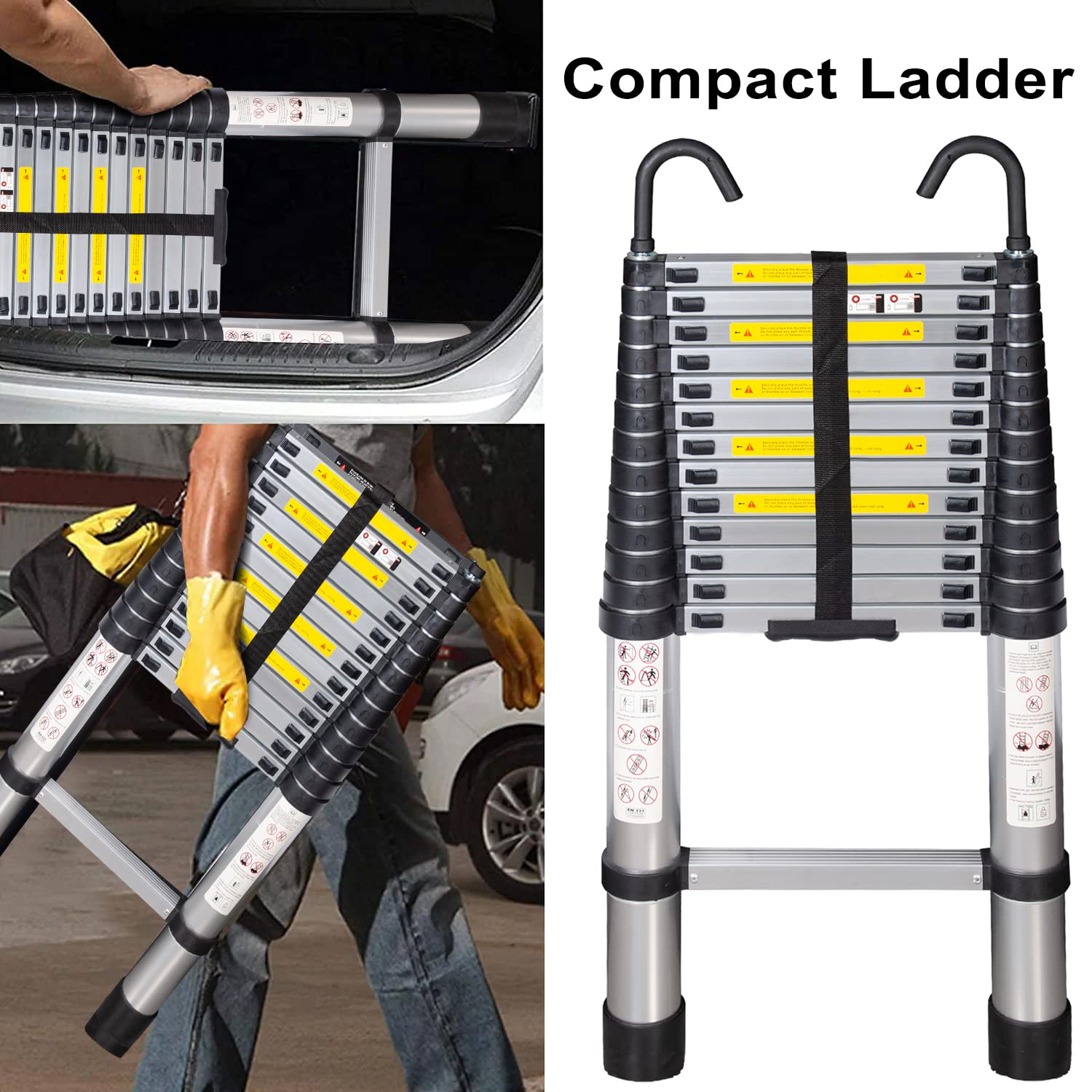 10.5FT Telescopic Ladder w/Non-Slip Feet Detachable Hooks,Aluminum Collapsible Portable Telescoping Ladder for Loft Roof Attic Ceiling,330 Lb Capacity Silver