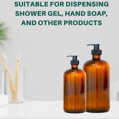 32oz Amber Glass Soap Dispenser- Large Amber Round Bottles with Black Pumps β Apothecary Soap Dispensers is Refillable & Reusable for Bath/Kitchen Accessories - Pack of 4