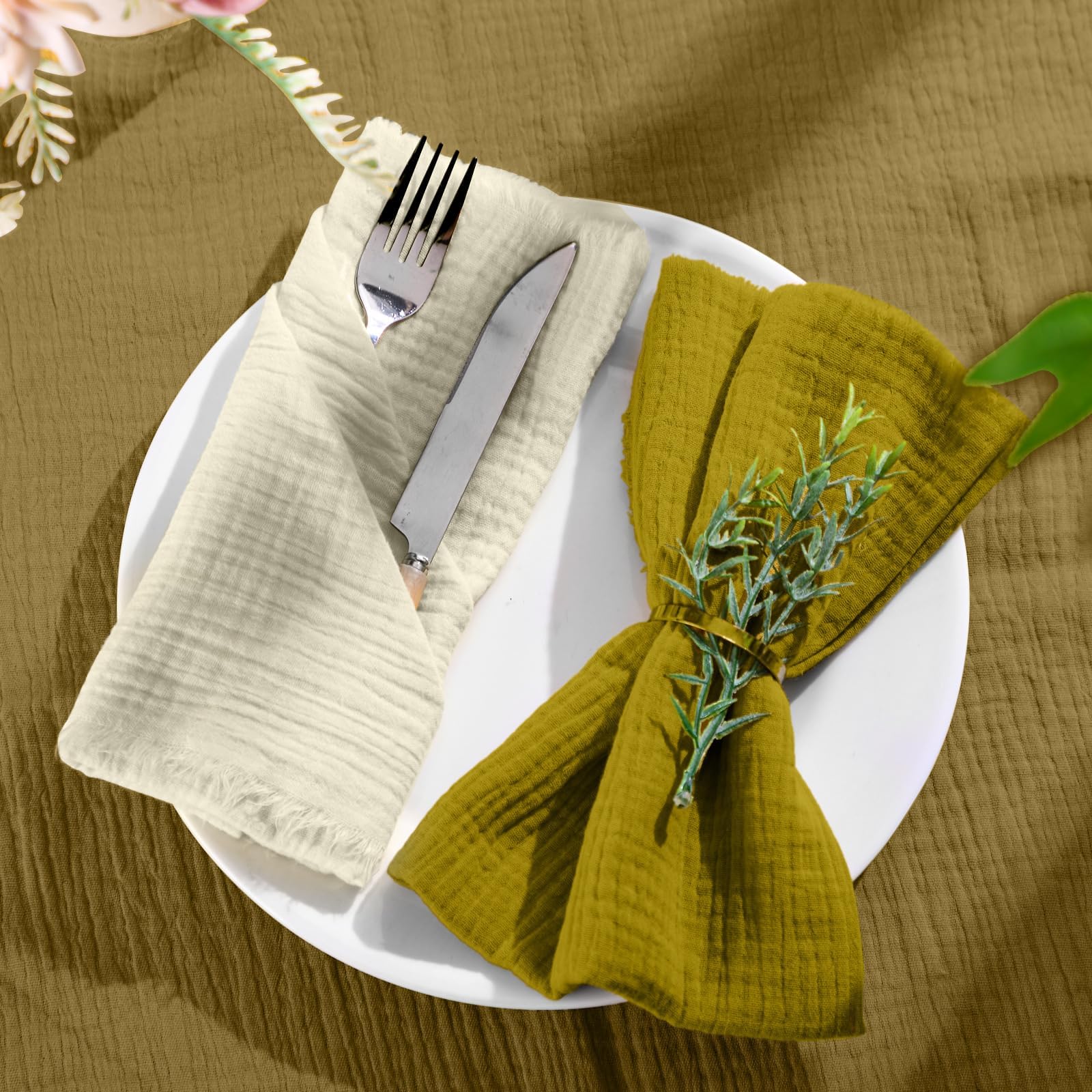 12 Pack Handmade Cloth Napkins with Fringe 100% Cotton Linen Napkins 16"x16" Rustic Cheesecloth Cloth Napkins for Wedding Party(Yellow Series)