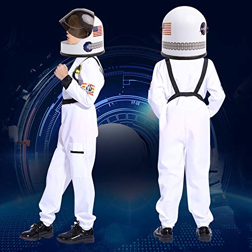 eccbox Kids Astronaut Costume Space Suit Role Play Dress Up with Movable Visor Helmet (White Costume with Helmet, 7-8)