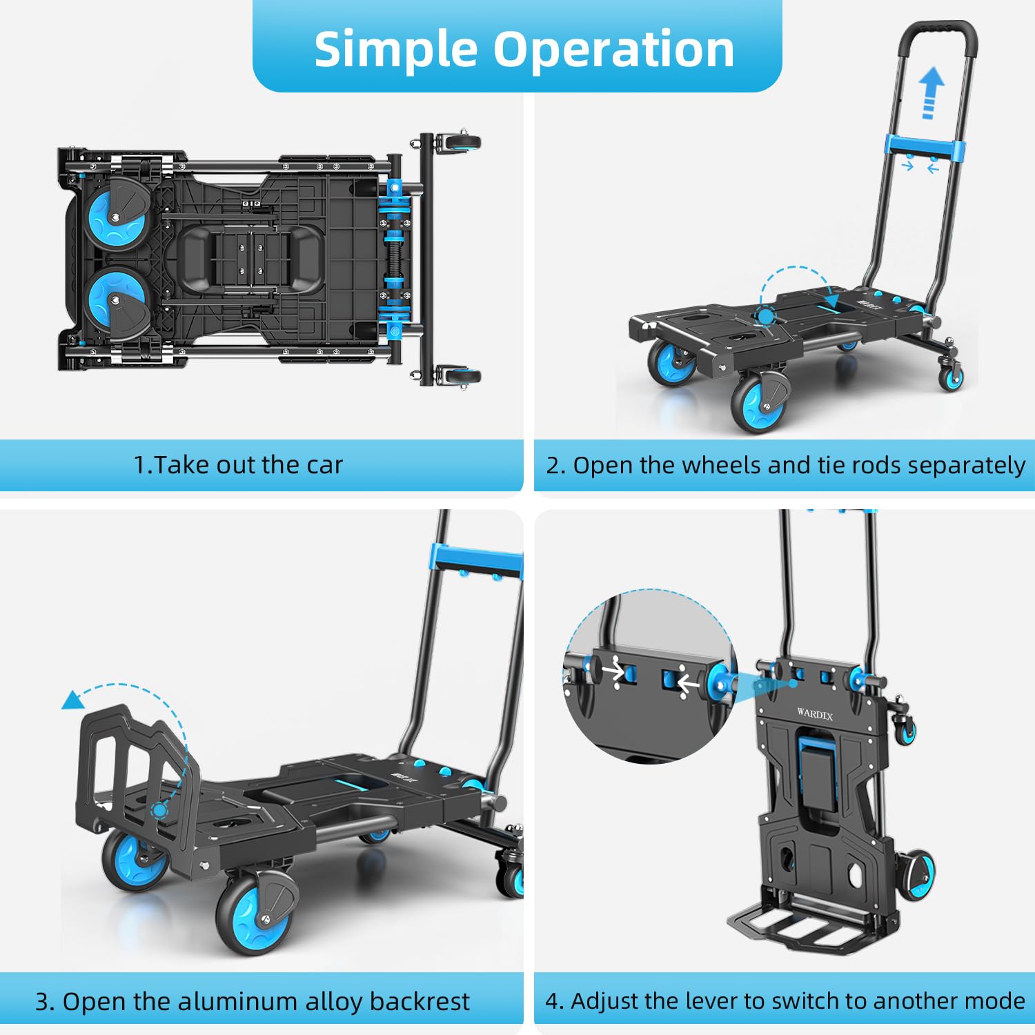 2 in 1 Folding Hand Truck Dolly with Folding Basket, 330LBS Capacity Foldable Dolly with 4 Wheels, Dolly Cart with 3-Gear Retractable Handle, Collapsible Rolling Carts for Moving