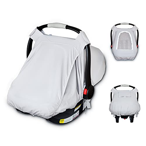 Cribino Car Seat Covers for Babies, Infant Car seat Cover, Canopy with Breathable Peekaboo, Pivacy Sun Shade & Bug Net for Newborn, Carrier Covers for Boys Girls Spring Summer Baby Shower Gifts(Grey)