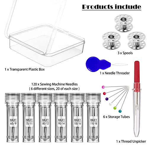 120Pcs Sewing Machine Needles Set Universal Standard Needle for Singer, Brother, Janome, Varmax, Home Sewing Machines Needles in Size HAX1 65/9, 75/11, 80/12, 90/14, 100/16, 110/18