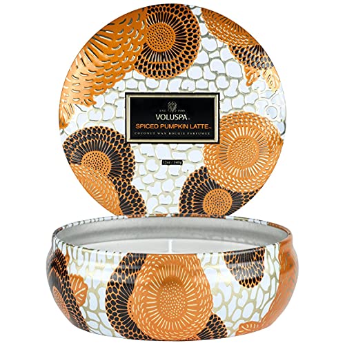 Voluspa Spiced Pumpkin Latte Candle | 3 Wick Tin | 12 Oz. | 40 Hour Burn Time | Vegan | All Natural Wicks and Coconut Wax for Clean Burning