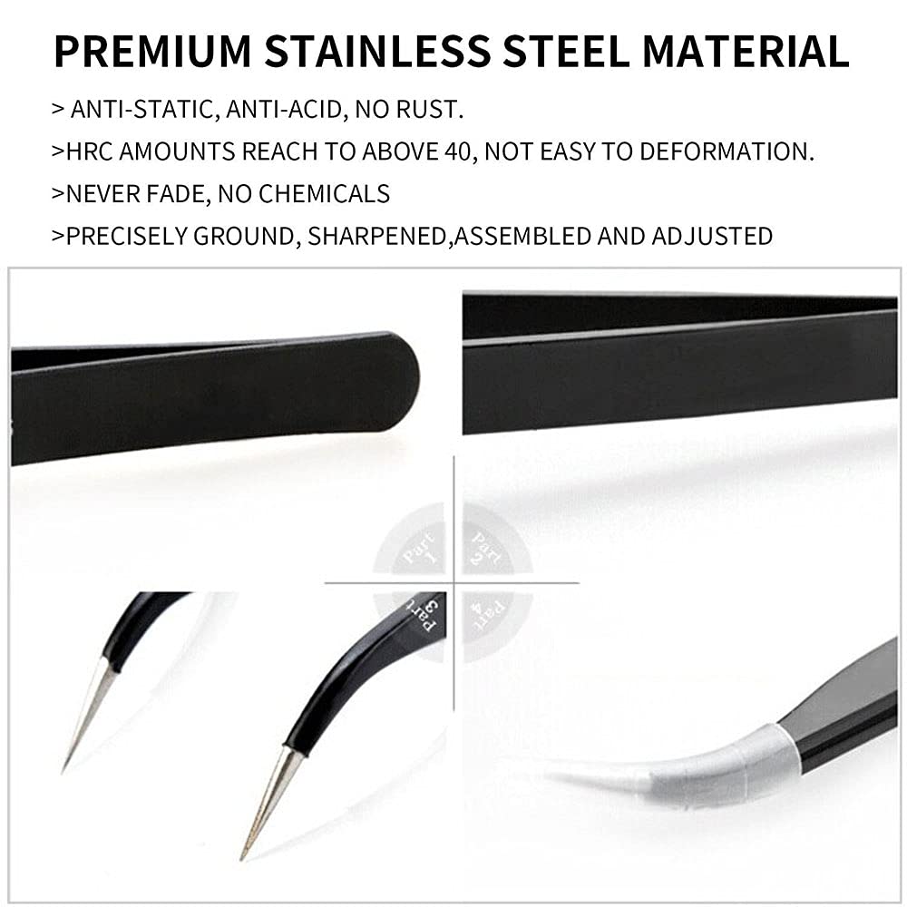 MIOBLET modern 2pcs Straight and Curved Pointed Tweezers for Eyelash Extension - Nail Sticker Rhinestones Gems Picker - Stainless Steel Precision Tweezers