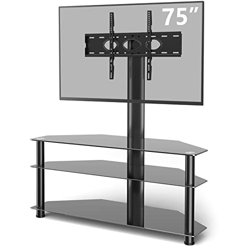5Rcom Corner TV Stand,TV Stand with Mount with 3 Tier Tempered Glass Shelves for 32-75 Inch TVs, Max VESA 600X400mm, Television Stand
