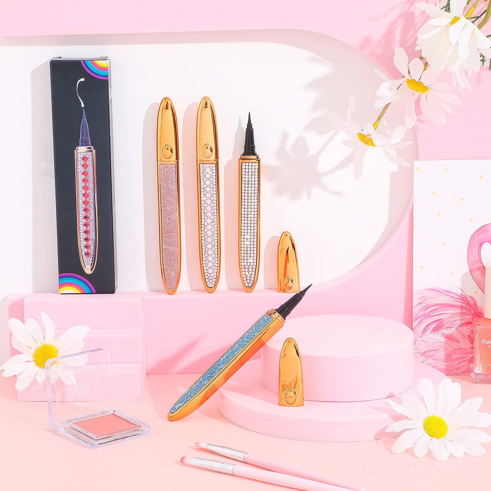 4 Pieces Diamond Self-Adhesive Eyeliner Diamond Eyeliner Liquid Eyeliner 2 in 1 Eye Liner Pen Glitter Eyeliner No Glue, No Magnetic, Waterproof for Women Girls Eye Makeup, False Eyelashes