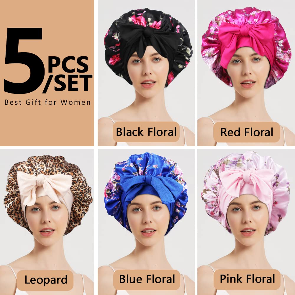 5pcs Satin Bonnets for Black Women, Large Bonnet with Tie Band, Jumbo Braids Bonnet, B