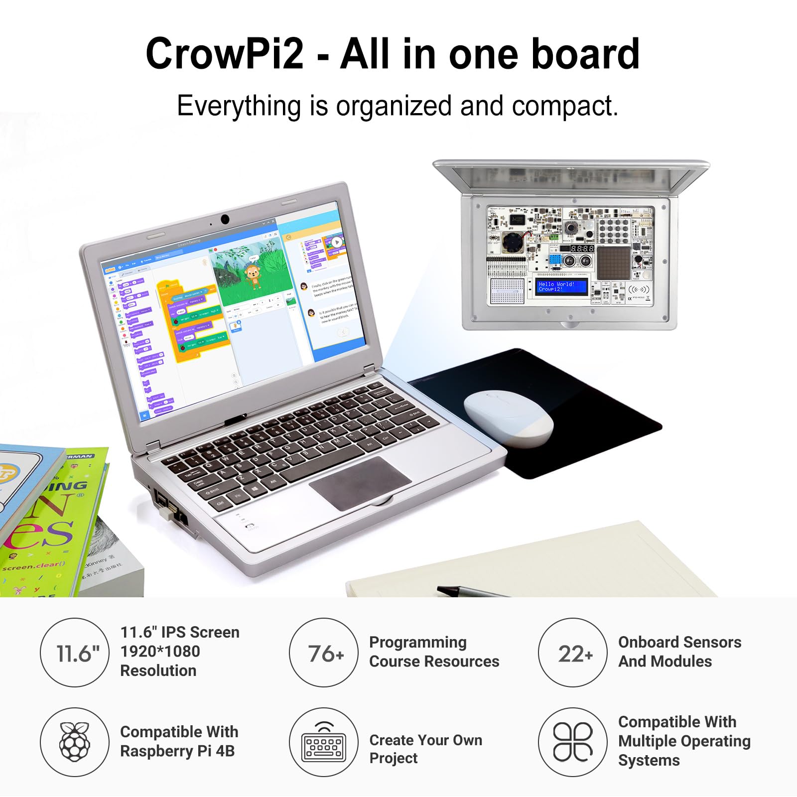 CrowPi2 Coding Kits for Raspberry Pi 4, Fits Raspberry Pi Laptop, Programming Kit for Professional, Kids, Adult - Deluxe Kit
