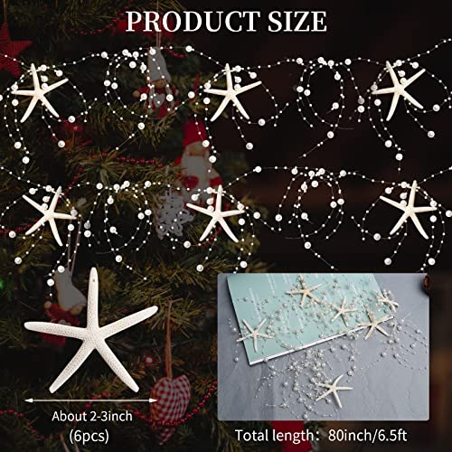 20 PCS Christmas Natural Starfish Ornaments 3-4'' + Beaded Starfish Garland Christmas Decorations 80Inch