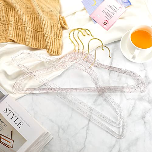 20 Pcs Clear Acrylic Hangers Plastic Glitter Coat Hanger Non Slip Space Saving Suit Hangers Heavy Duty Clothes Hanger with Non Slip Notches (Pink and Gold)