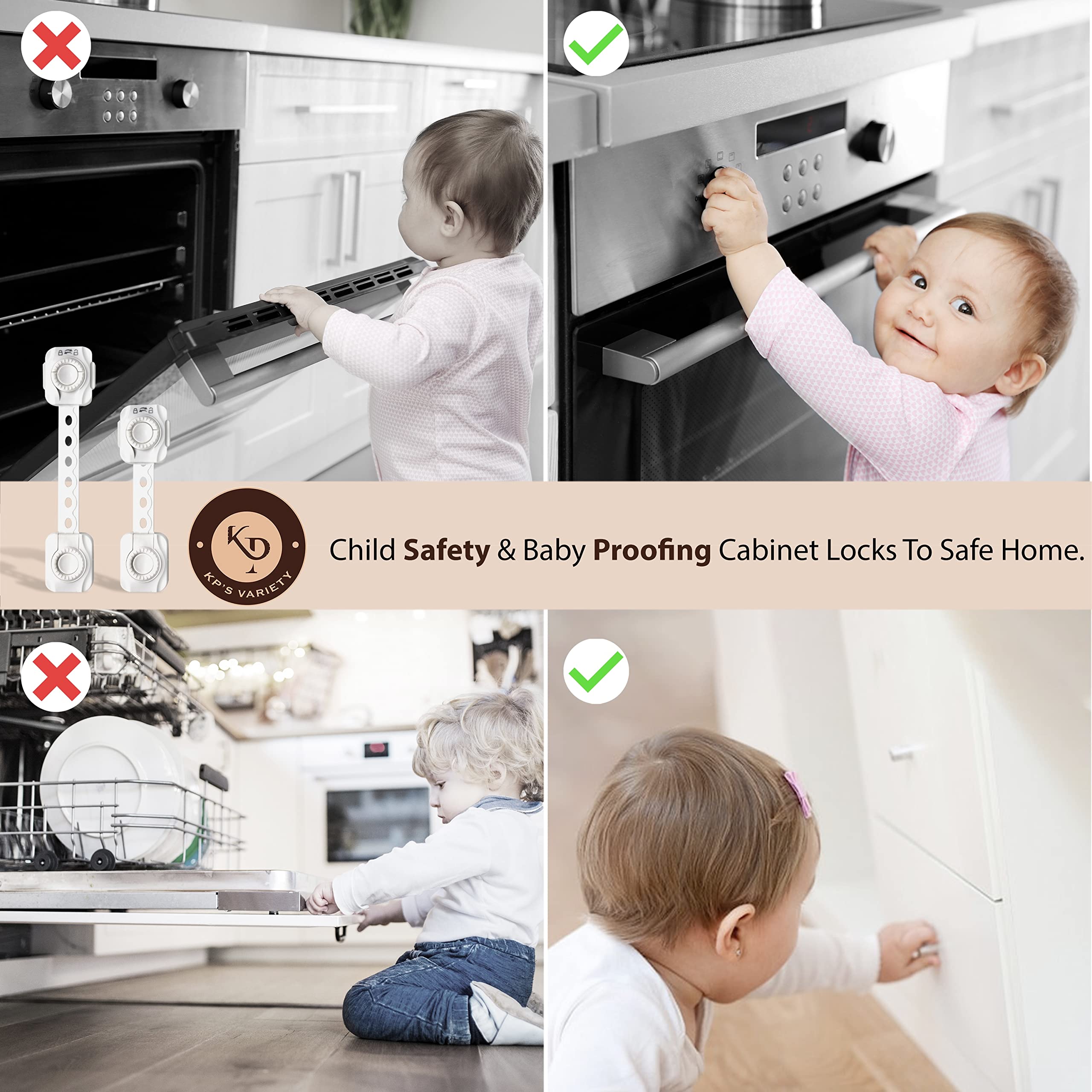 12 Pack Baby Proof Child Safety Strap Locks-Adjustable Child Locks For Cabinets With 6 Extra 3M Adhesives-Cabinet Locks For Babies With Triple Lock Protection-Child Proof Cabinet Latches For Drawers.