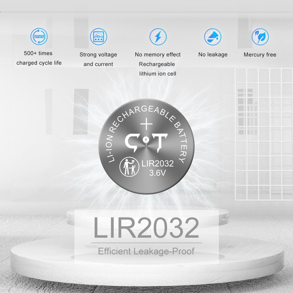 CT-ENERGY Rechargeable LIR2032 Batteries 3.6V Lithium Ion Button Coin Cell Batteries 2PCS AirTag Key Fobs Watch Battery Replacing