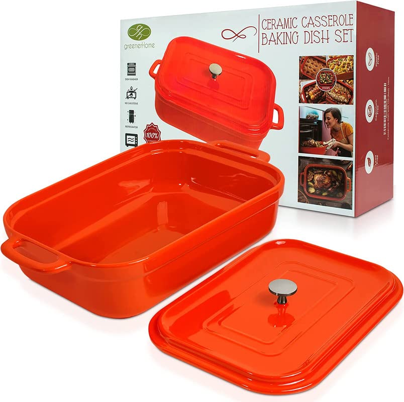 16.9x10 inch-4.5 Quart-Ceramic Casserole Baking Dish with Lid-Large Baking Pans for Cooking Roasting and Baking-Extra deep Lasagna Pan for Deep Baking Dish-Nontoxic Cookware-Red
