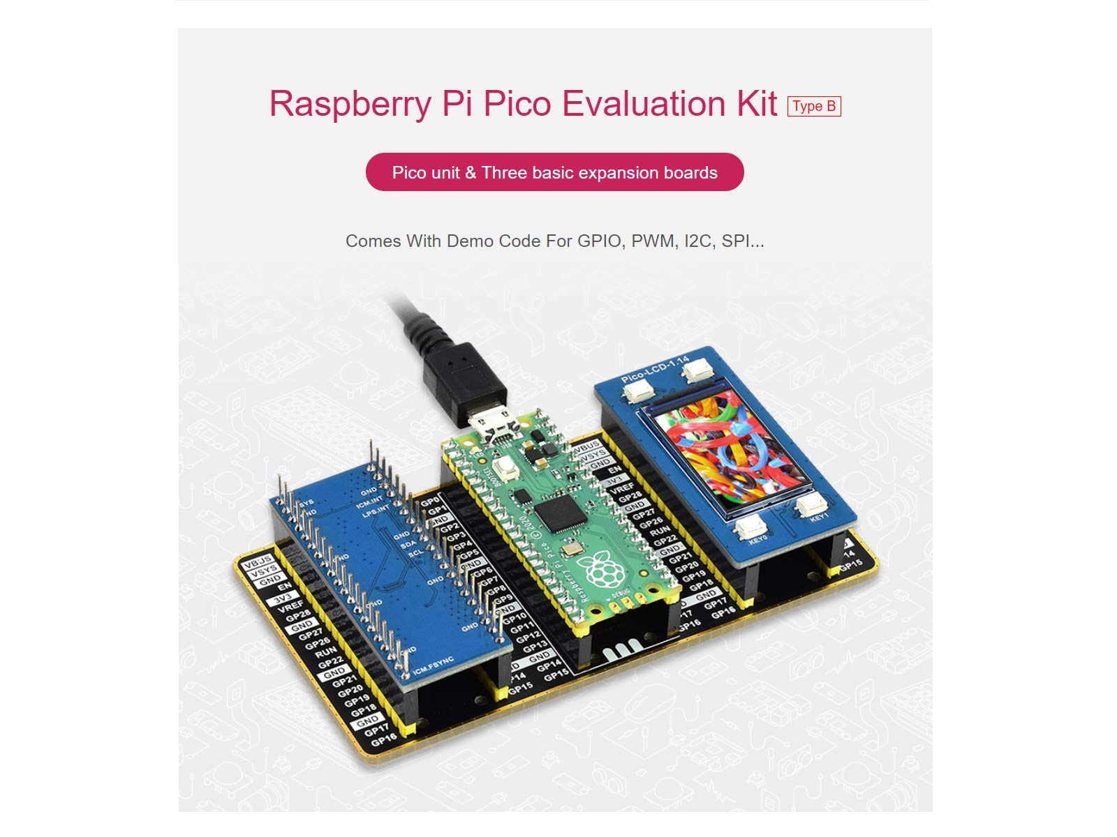 waveshare for Raspberry Pi Pico Evaluation Kit B Include Pi Pico Board with Pre-Soldered Header,1.14inch RGB Color LCD, 10DOF IMU Sensor Module,Dual GPIO Expander,Breadboard