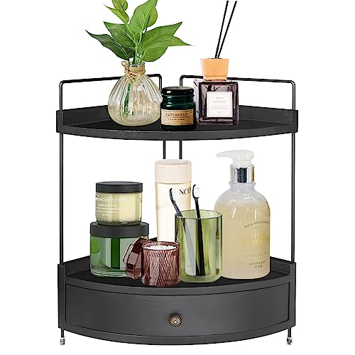 2-Tier Corner Bathroom Counter Organizer, Bathroom Tray with Drawer and Vanity Organizer for Bathroom Storage, Cosmetic Storage Organizer, Wood Bathroom Organizer for Kitchen, Bathroom, Dresser(Black)