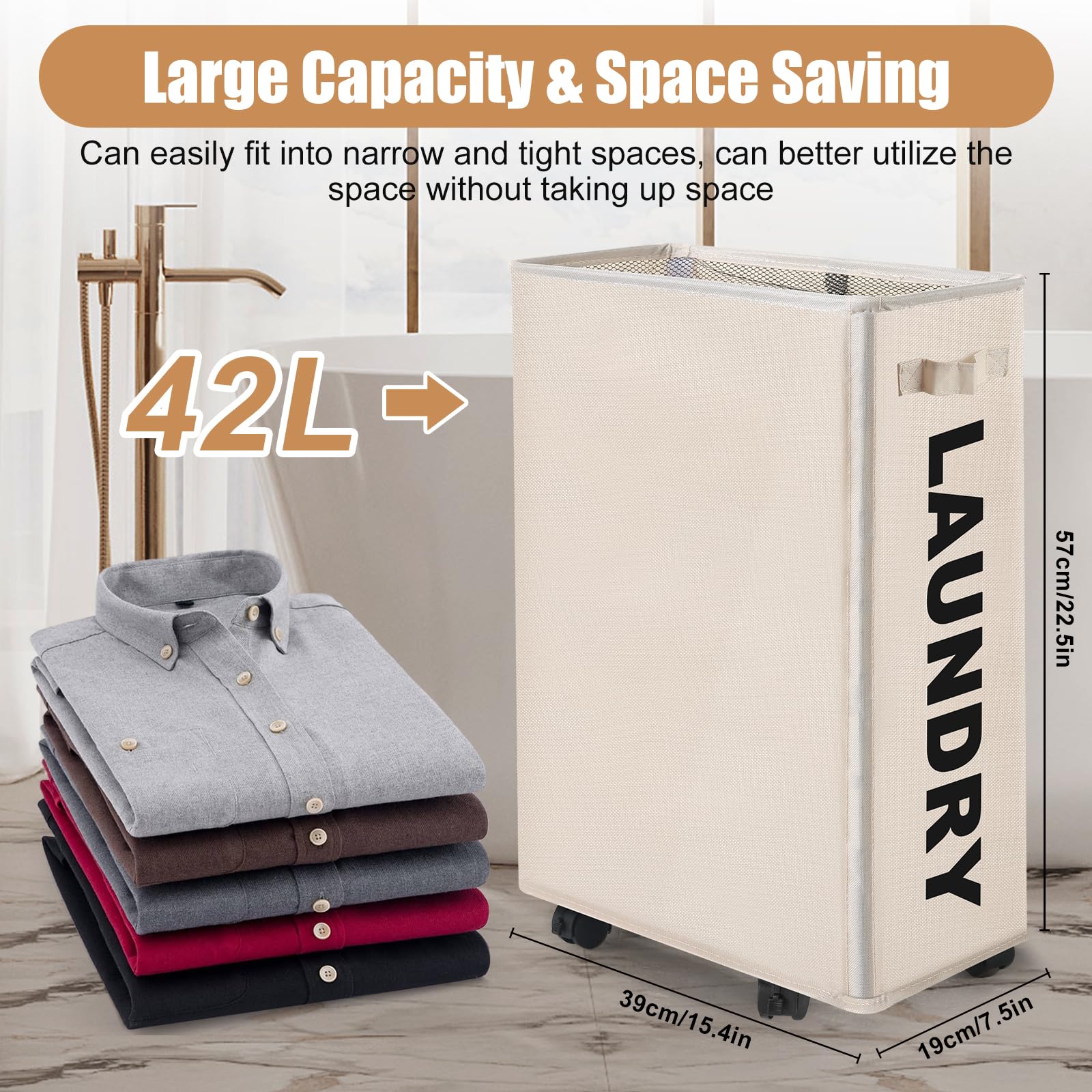2 Pack Rolling Slim Laundry Basket Laundry Hamper with Wheels and Handle Foldable Waterproof Narrow Corner Clothes Storage Bins Tall Laundry Basket for baby's room/Laundry Room Etc,(42L,Beige+Grey)