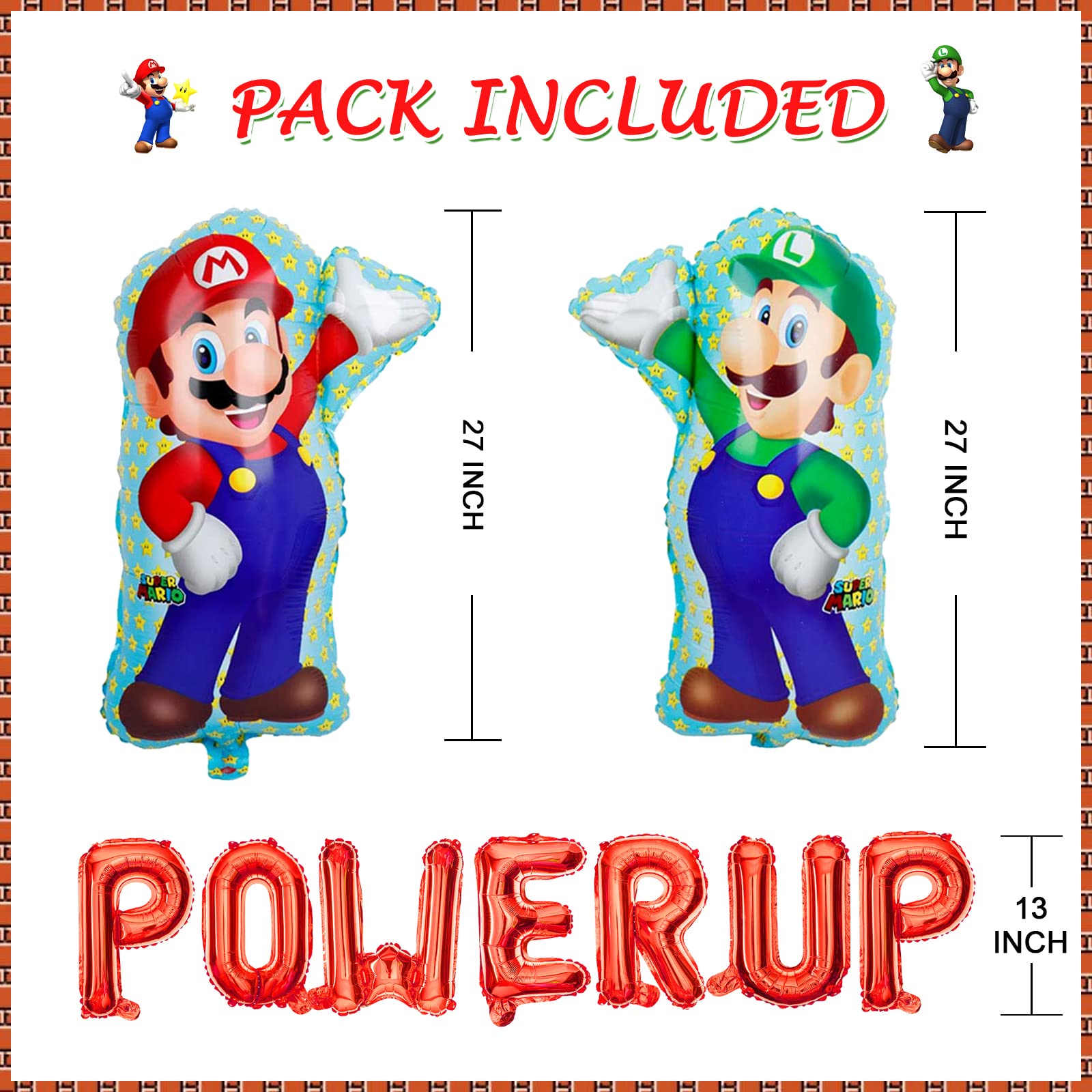 12 PCS Super Birthday Balloons Brothers theme Birthday Decoration with POWER UP Letter Balloons For Birthday Party (RED-06)