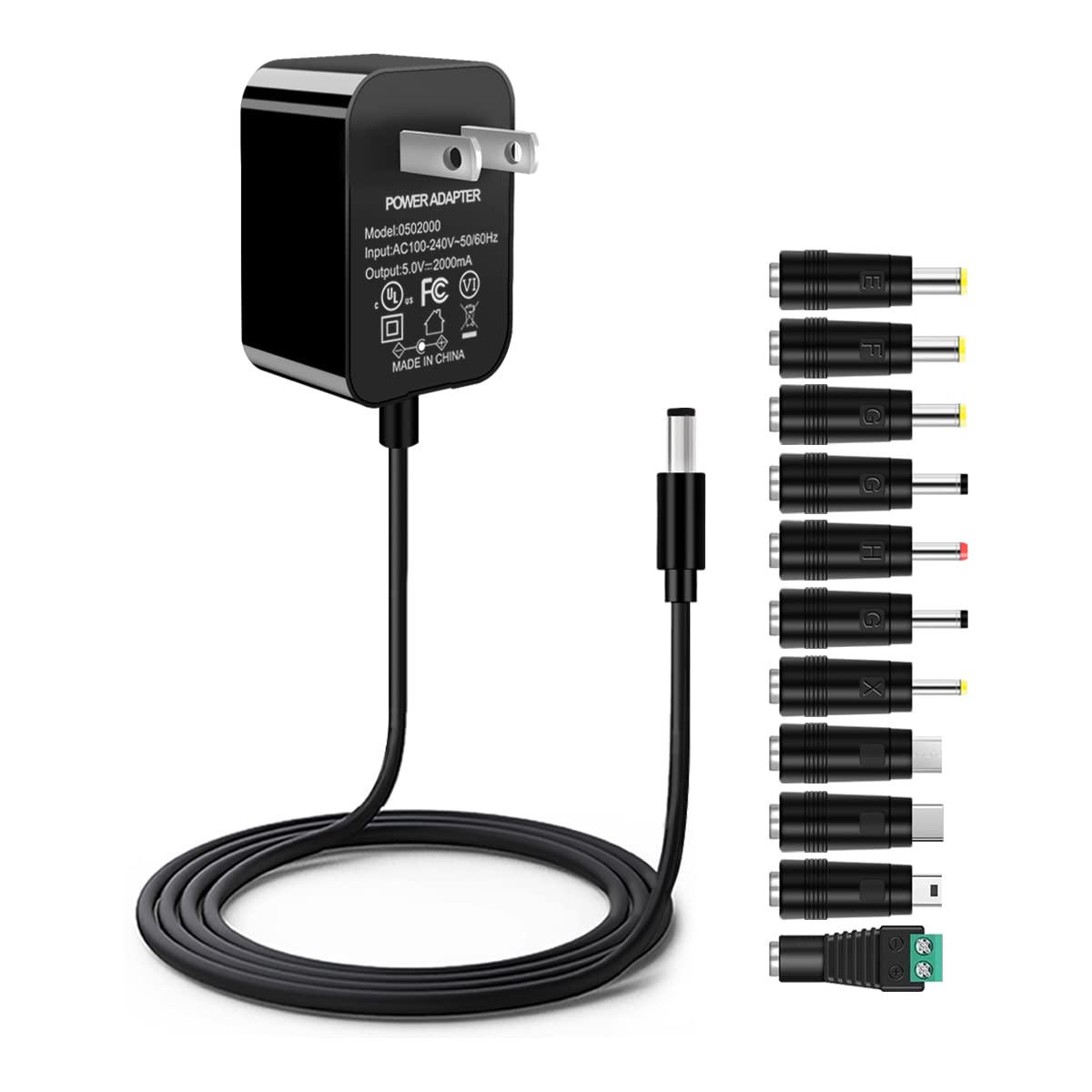 5V 2A Power Supply Adapter AC 100-240V to DC 5 Volt 2 Amp Wall Adapter Manuu UL Listed 10W Transformer with 11 DC Conversion Plug for LED Strip Lights Bluetooth Speaker Tablet USB Hub TV Box and More