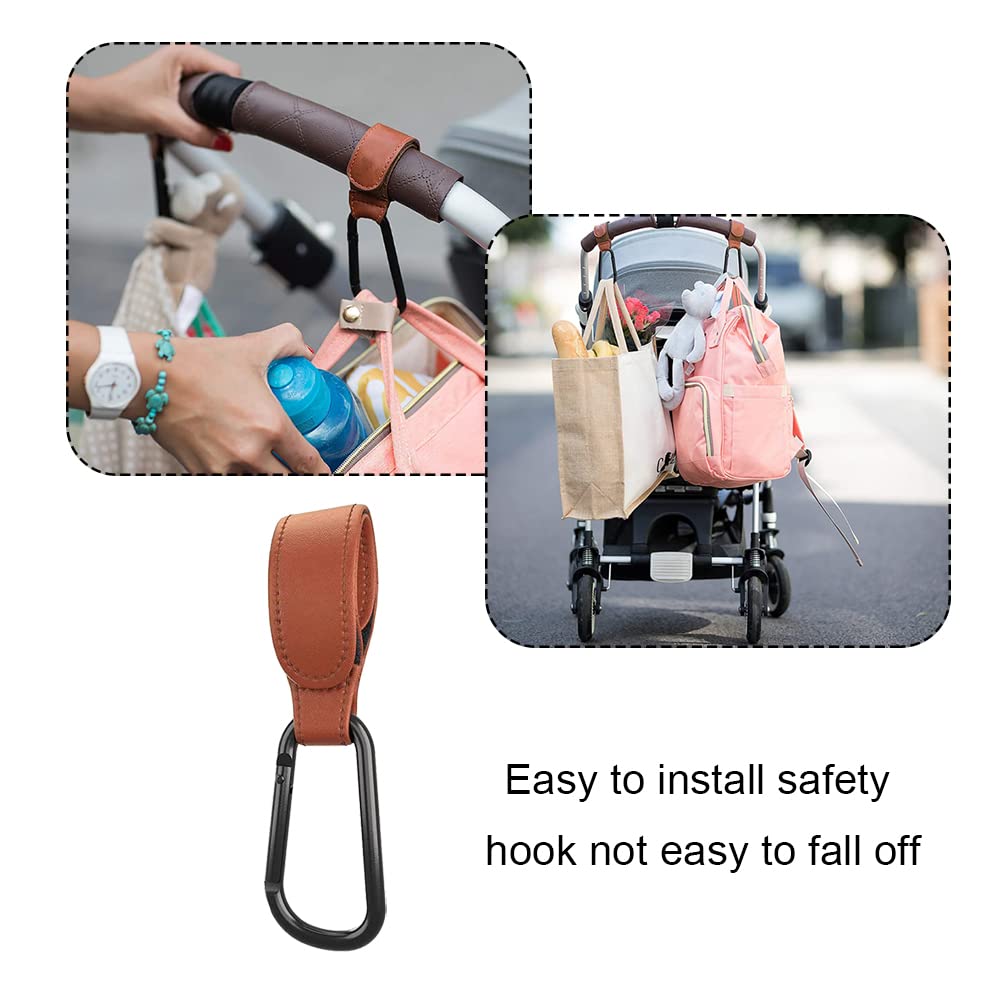 2 Pcs Brown Buggy Clips Leather Buggy Pram Hook Clips Sturdy Pushchair Hooks for Hanging Shopping Dressing and Diaper Bags