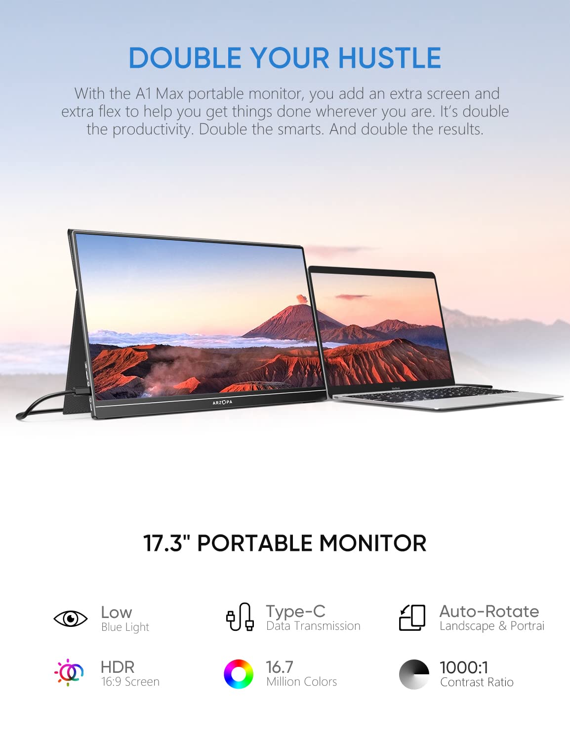 ARZOPA Portable Monitor 17.3 Inch, 1080P FHD HDR IPS Laptop Computer Monitor HDMI USB C External Screen with Dual Speakers for PC Mac Phone Xbox Switch PS5 -A1 MAX