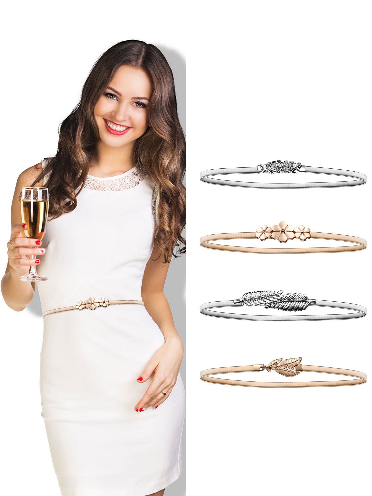 4 Pieces Women Elastic Waist Belt Stretch Metal Dress Belt for Women, Silver and Gold