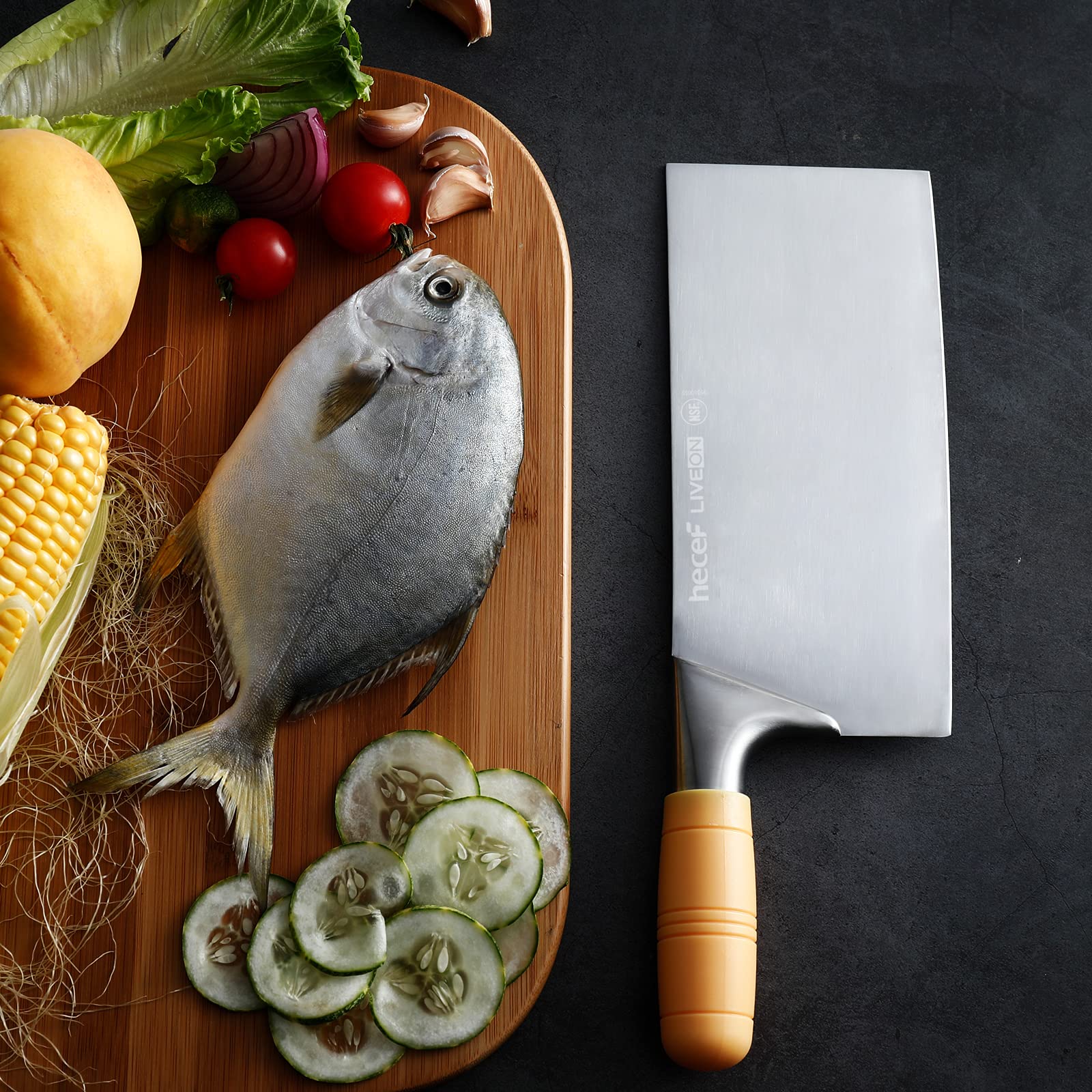 hecef Cleaver Knife 8.2 Inch, Chinese Chef Knife, German Stainless Steel Slicer Cleaver, Vegetable Meat Cutting Knife for Home & Restaurant, Yellow, NSF Certified
