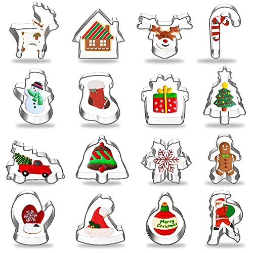 16 Pcs Christmas Cookie Cutters, Holiday Cookie Cutters Metal Cookie Cutters Including Gingerbread Man Snowflake Christmas Tree Reindeer and More