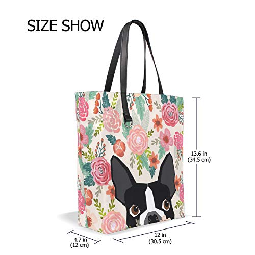 Flowers Boston Terrier Travel Double-sided Reusable Grocery Shopping Gym Tote Bag Portable Storage HandBag - Cute Dog Paw Prints