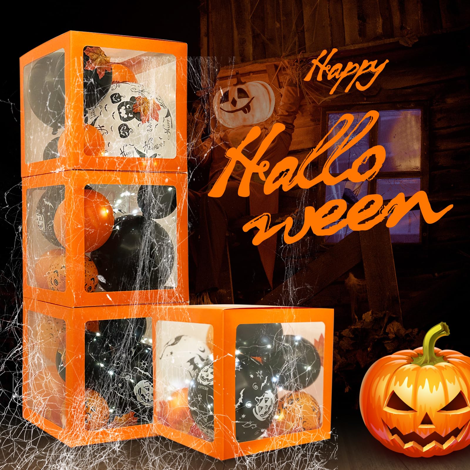 128 Pcs Halloween Party Decorations, Halloween Party Supplies - Halloween Balloon boxes, String Light, "HAPPY HALLOWEEN" Banner, "BOO" Banner, Multi Balloons, Bat Decor, Spider Wed