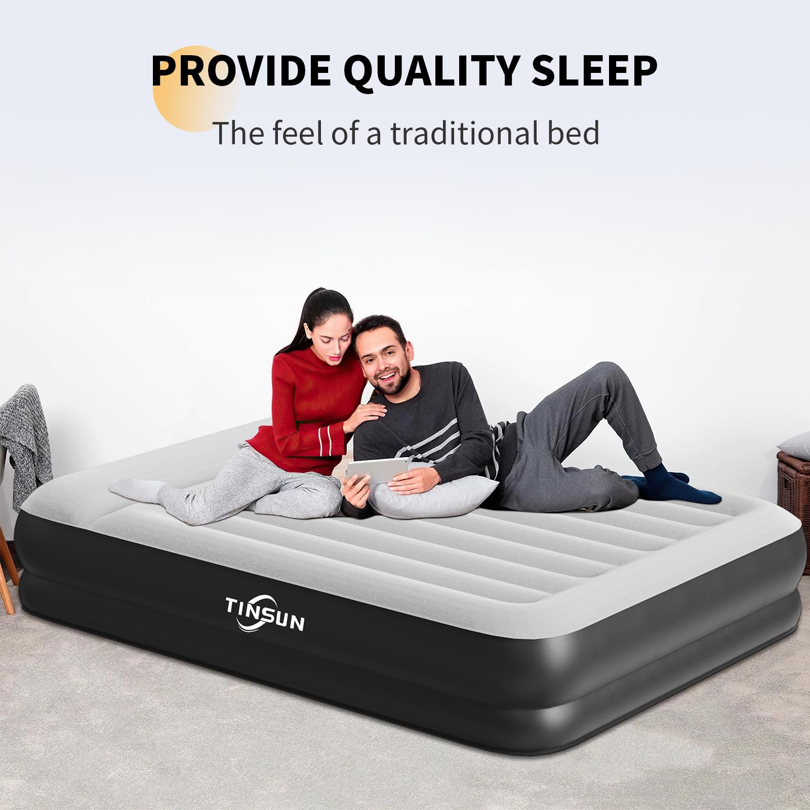 16" Queen Air Mattress with Built-in Rechargeable USB Pump, Pillow - Portable, Easy Setup for Home, Camping, Guests