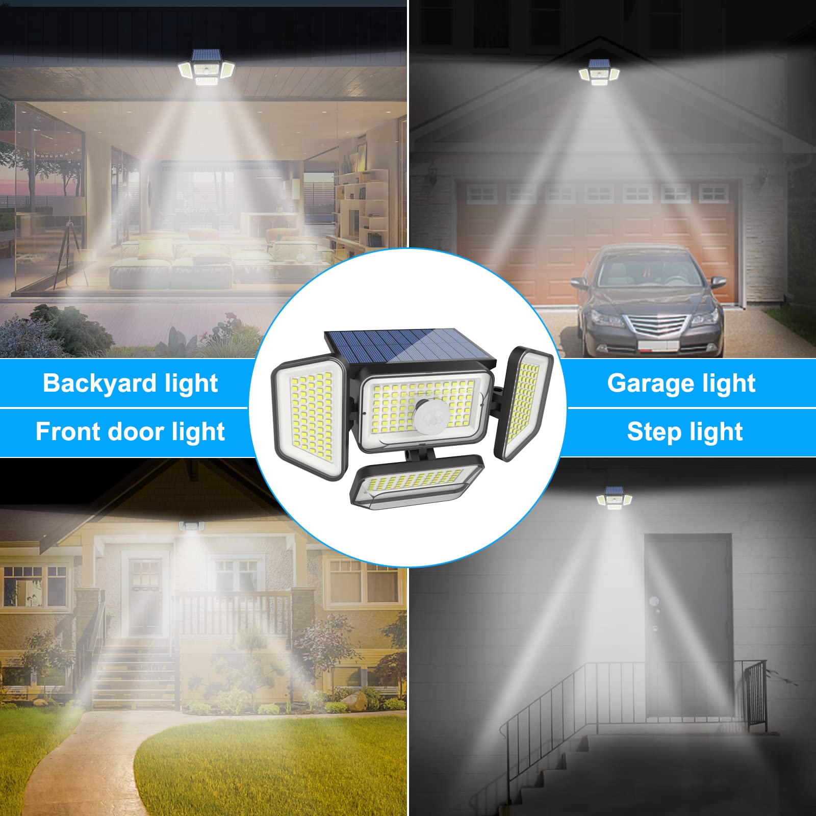 2 Pack Solar Outdoor Lights,4 Heads 268 LED 3000LM Solar Motion Sensor Lights, IP65 Waterproof Wireless Solar Security Lights, LED Flood Lights for Garage Yard Pathway