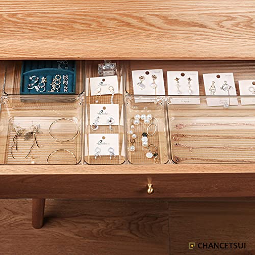 13 Pcs Drawer Organizer Set Clear Plastic Storage Bins Office Desk Drawer Dividers Trays with Non-Slip Silicone Pads, Dresser Separation Box for Makeup, Jewelries and Gadgets, Bedroom, Bathroom