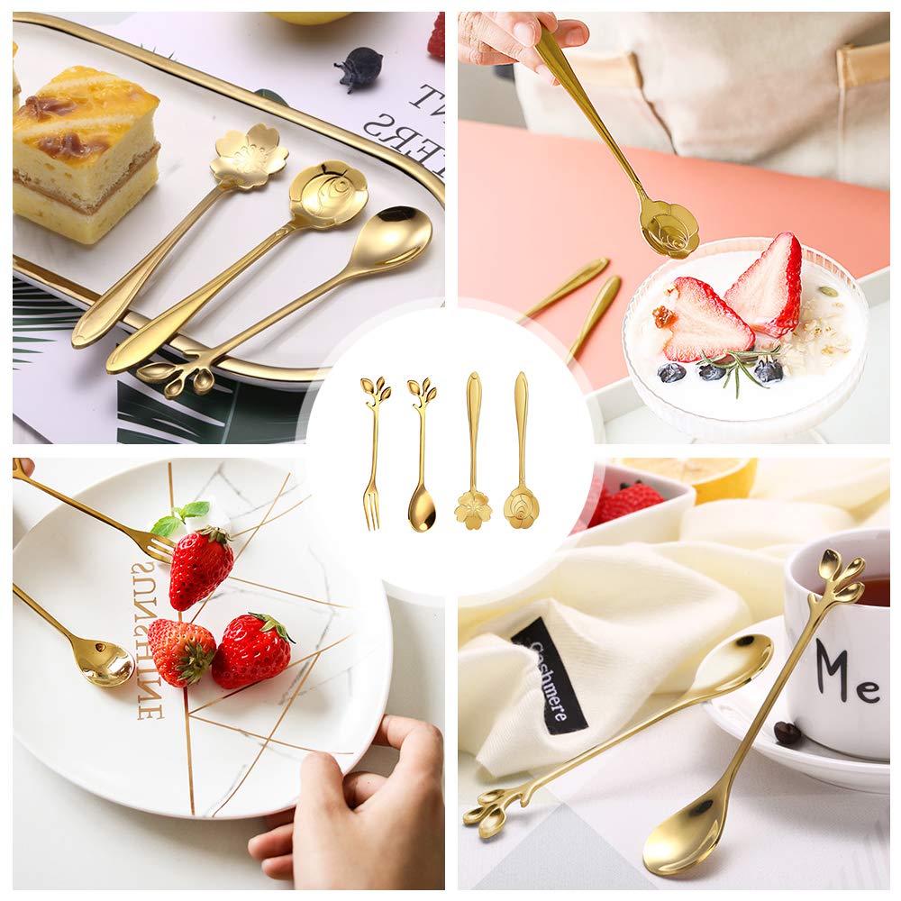 12PCS Leaf Flower Coffee Spoon Set, FULANDL Stainless Steel Tea Spoon Dessert Demitasse Espresso Spoons and Forks, Reusable Tableware Stirring Spoon Ice Cream Spoon for Coffee, Tea, Cake (Gold)