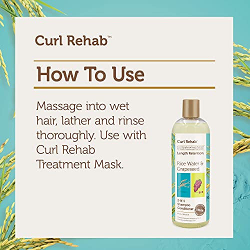 Curl Rehab Length Retention/Strength Treatment 2 in 1 Shampoo Conditioner (3 Pack), Enriched with Rice Water & Grapeseed, For Hair Growth, Protection & Frizz Control, 16 Oz