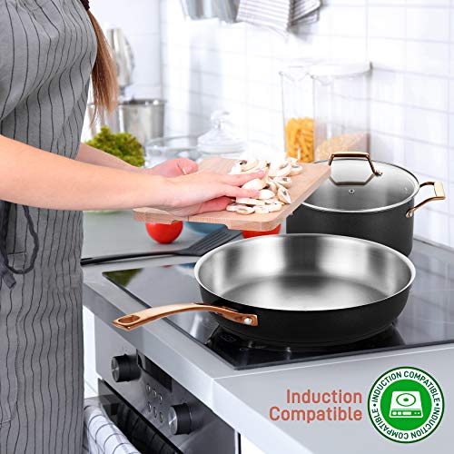 NutriChef 11 Pcs. Stylish Kitchen Set w/Modern Cookware Design Non-Stick Kitchenware Pots & Pans, Small & Medium Skillet Fry Pans w/Golden Handles, NCONYX