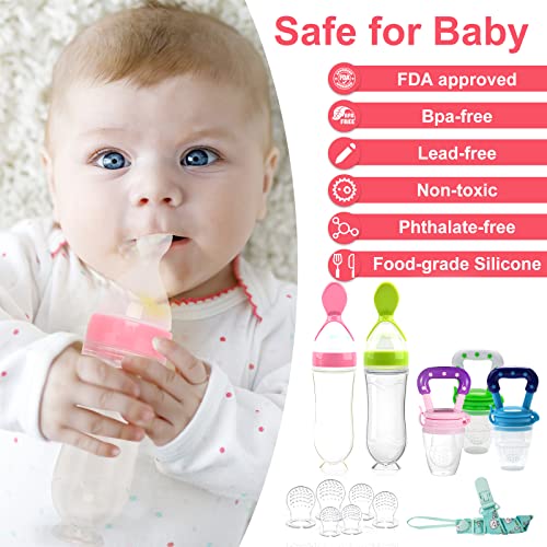 Food Feeder Baby Fruit Feeder Pacifier (3 Pcs) with 6 Different Sized Silicone Pacifiers 2 PCS Silicone Baby Food Dispensing Spoon 90ML with 2 Baby Spoons Pacifier Clip Infant Fruit Teething Toy-Pink