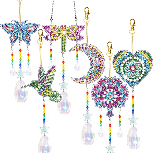 6 Pcs Diamond Painting Suncatcher, Double Sided 3D Diamond Painting Wind Chime Paint by Number, Diamond Painting Hanging Ornaments for Adults Kids Home Garden