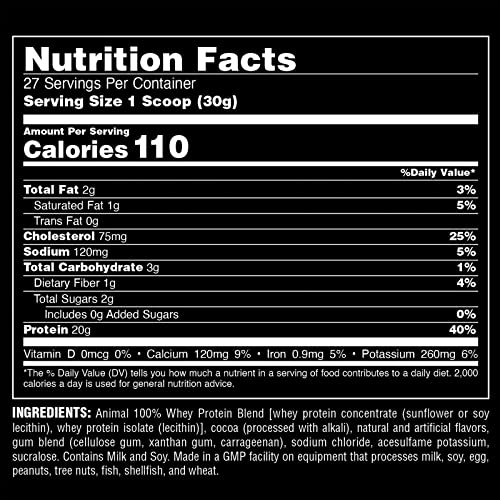 Animal 100% Whey Protein Powder – Whey Blend for Pre- or Post-Workout, Recovery or an Anytime Protein Boost– Low Sugar – Chocolate, 1.8 lb