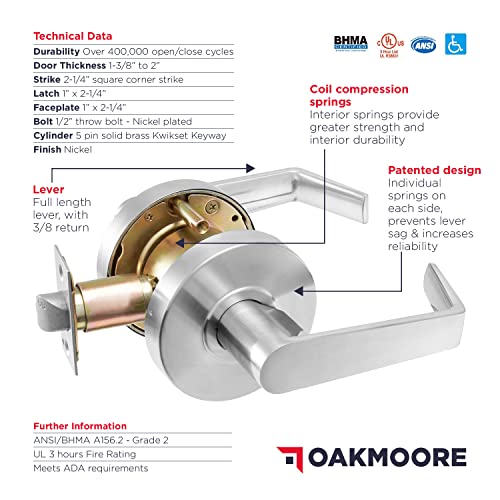 OAKMOORE Commercial Bathroom Door Handle (Privacy) – Heavy Duty Commercial Door Lock for Schools Offices Industrial Standard – Grade 2 UL CUL & ADA – Nickel Chrome – ANSI A156.2