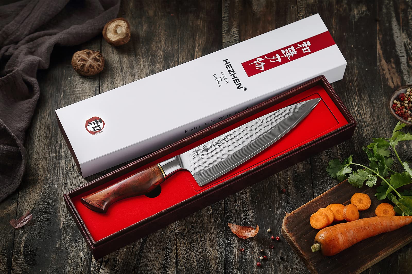 HEZHEN 8.3 Inches Damascus Chef Knife, Damascus Steel Powder Steel Kitchen KnifeHammered Pattern,Natural Rosewood Handle