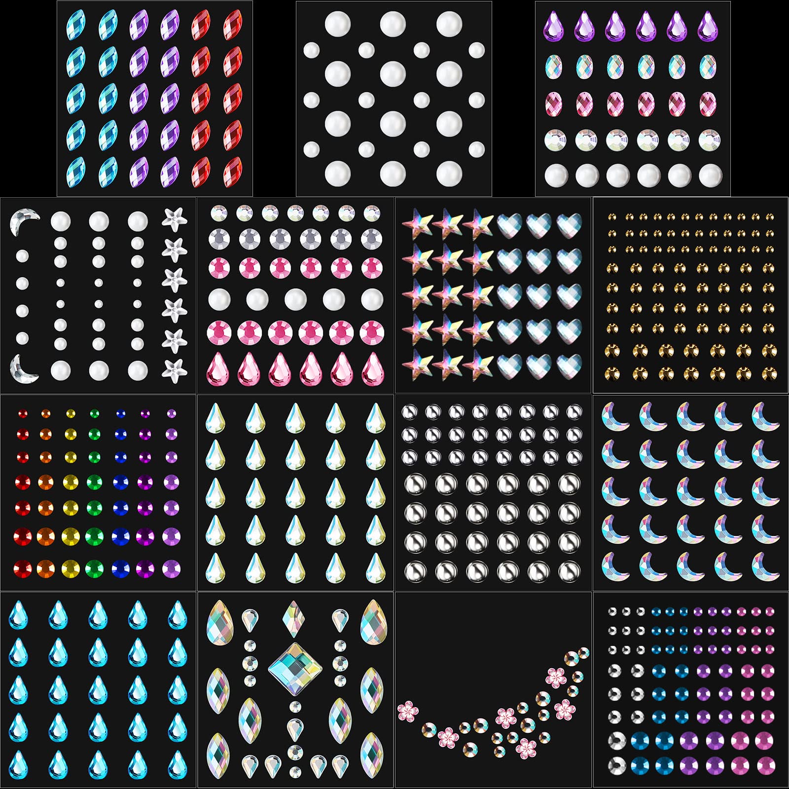 Hicarer 15 Sheets Eye Body Face Nail Gems Rhinestone Stickers Face Gem Festival Self Adhesive Rhinestones Stickers for Women Accessory DIY Makeup Nail Decorations (Chic Style)