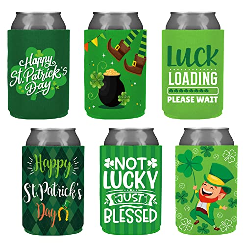 12PCS St. Patrick's Day Can Coolers Sleeves - Irish Shamrock Clover Beer Beverage Party Supplies Decorations Favors