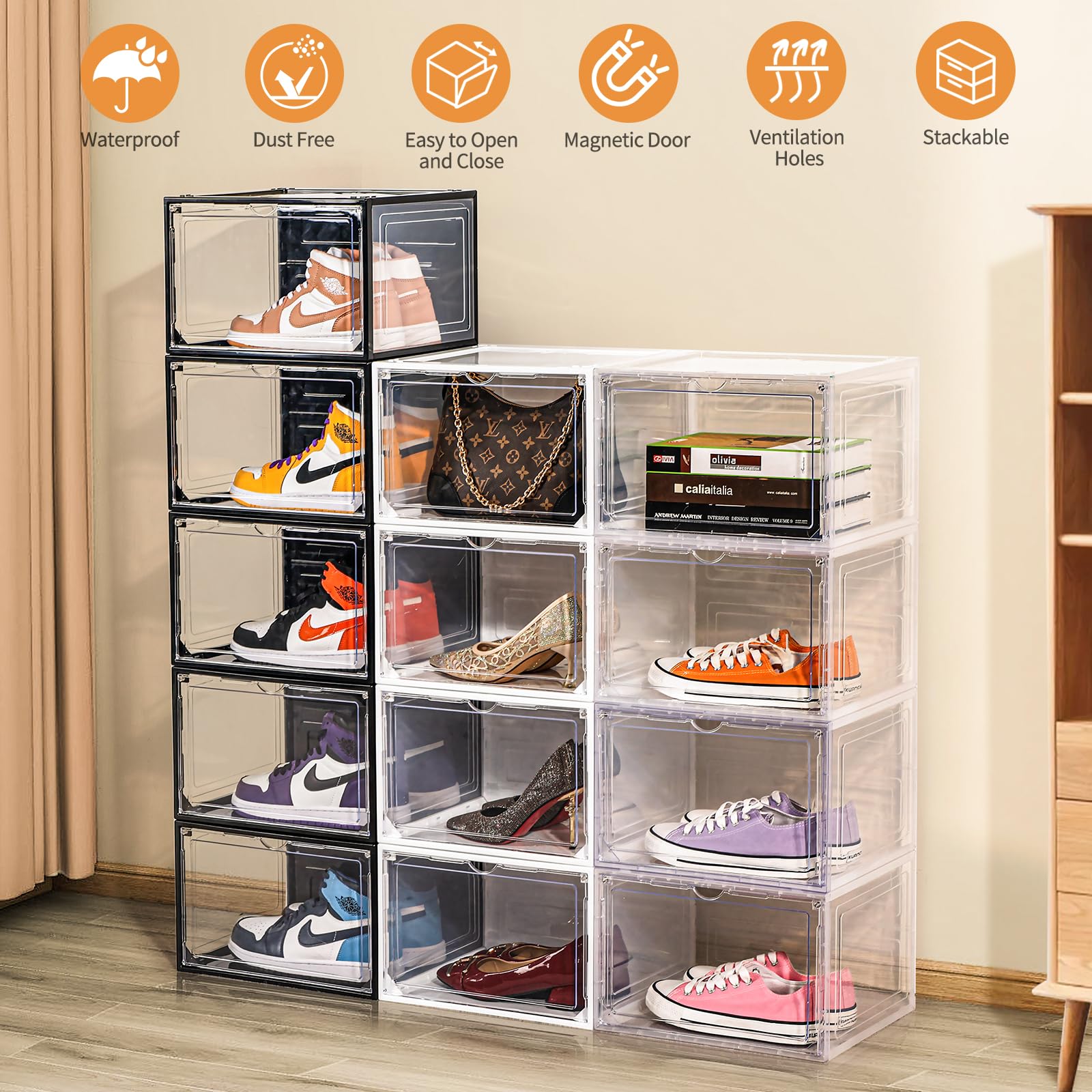 12 Pack Clear Shoe Boxes Stackable,Large Shoe Storage Organizer with Magnetic Door,Drop Side Shoe Containers for Entryway,Sneaker Storage Fit up to US Size 13 for Men/Women(13’’x 10.62”x 8.26”)
