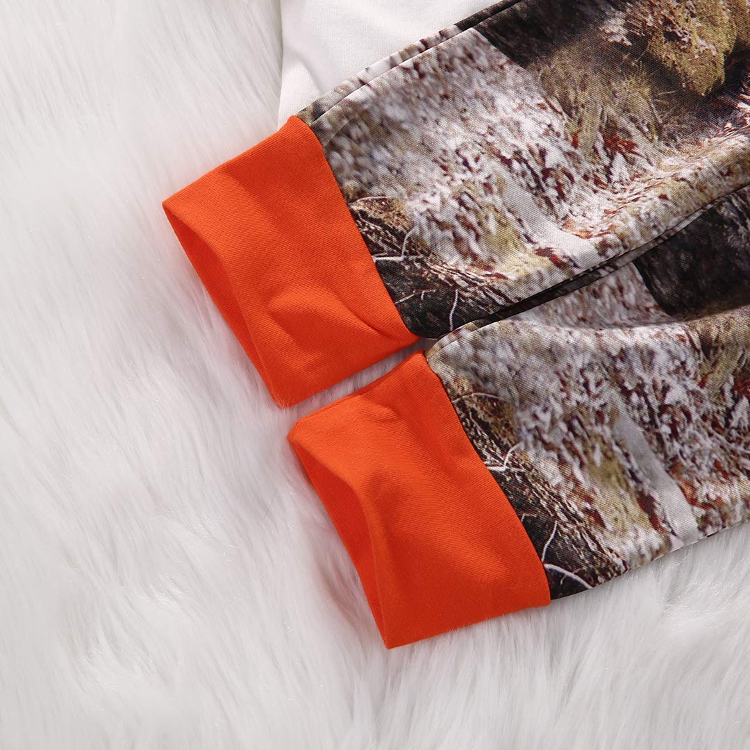 Shejingb Newborn Baby Boys Long Sleeve Letters Deer Romper Bodysuit Tops Camo Pants with Hat 3 Pcs Outfit Clothes Set (0-3 Months, Orange)