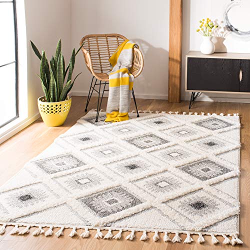 SAFAVIEH Moroccan Tassel Shag Collection 10' x 14' Ivory/Grey MTS601F Boho Non-Shedding Living Room Bedroom Dining Room Entryway Plush 2-inch Thick Area Rug