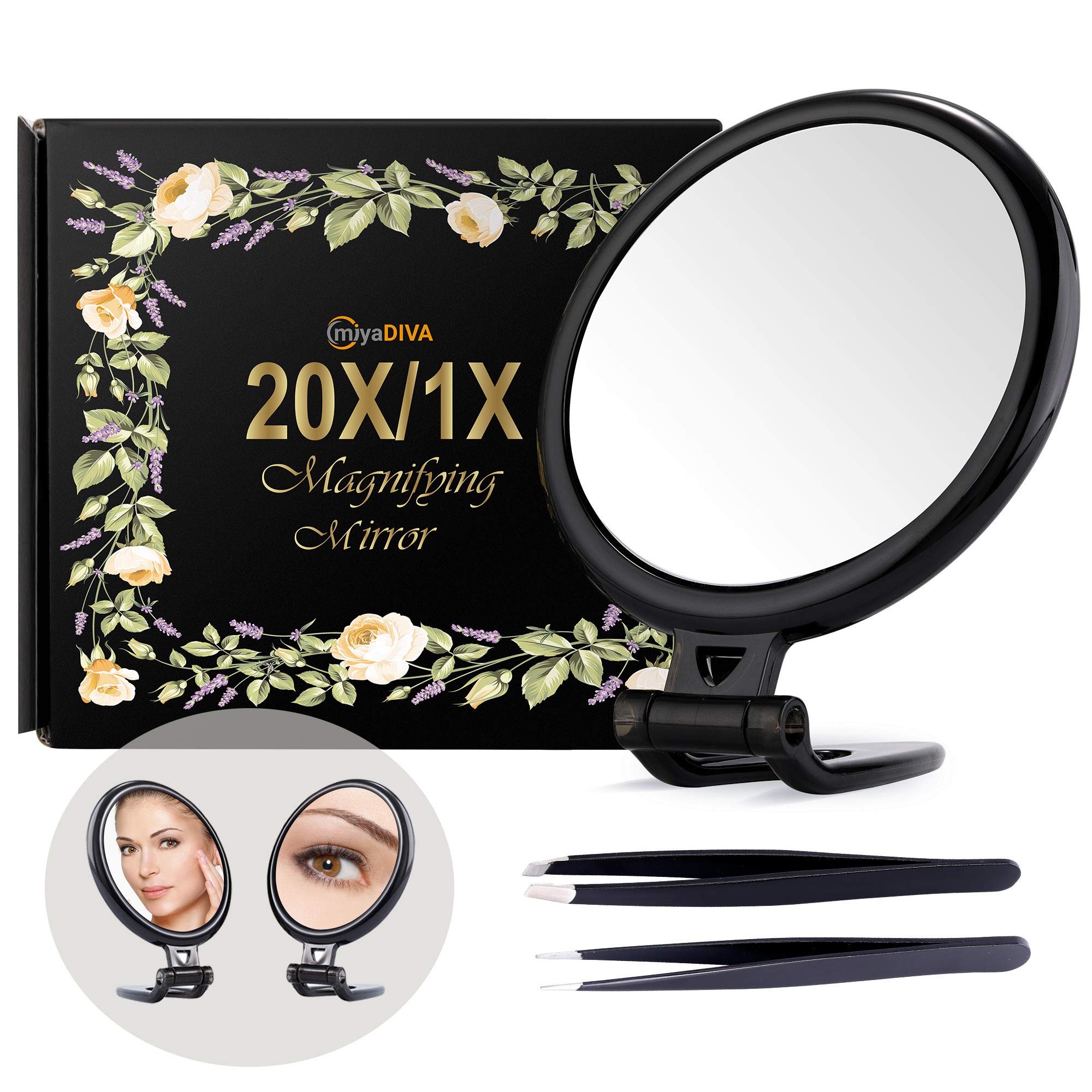 5 Inch 20X Magnifying Mirror with Blackhead Tweezer Kit, Handheld Mirror with Handle, Portable Magnified Mirror with Eyebrow Plucking Tweezers, Foldable, Double sided, Black