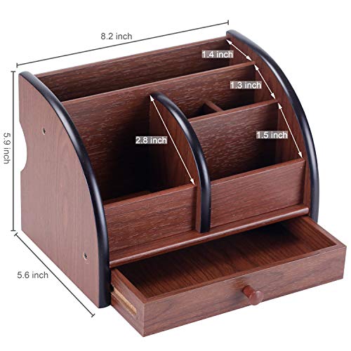 5-Compartment Luxury Black/Brown Wood Office Desktop Organizer with Large Storage Drawer
